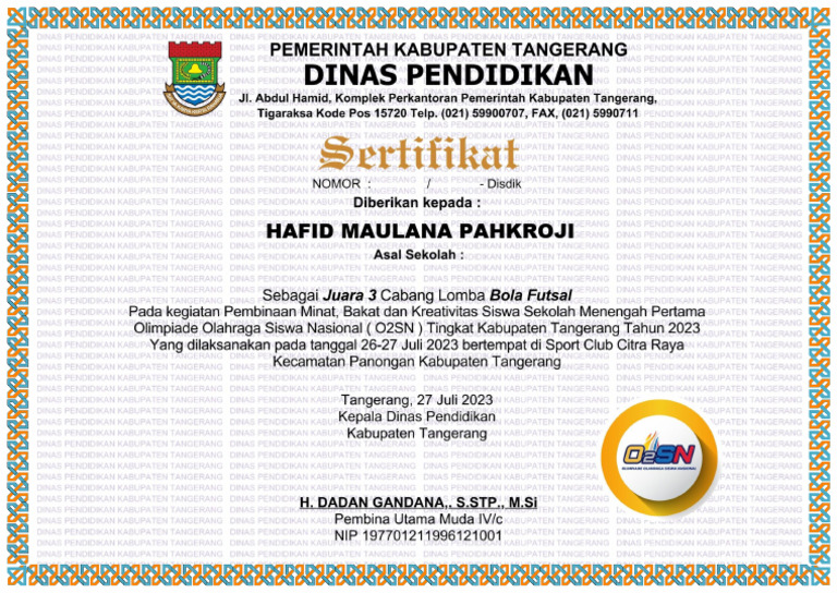 Sertifikat O2sn-Hafid Maulana Pahkroji | PDF