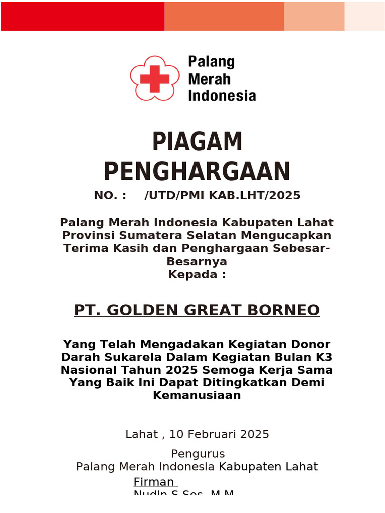 Piagam Donor Darah PMI | PDF