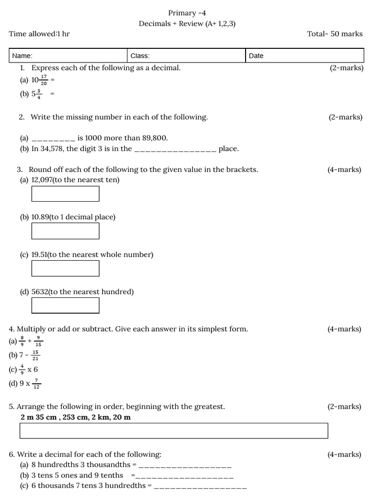 Primary 4 Decimals Review Worksheet | PDF | Mathematical Notation | Numbers
