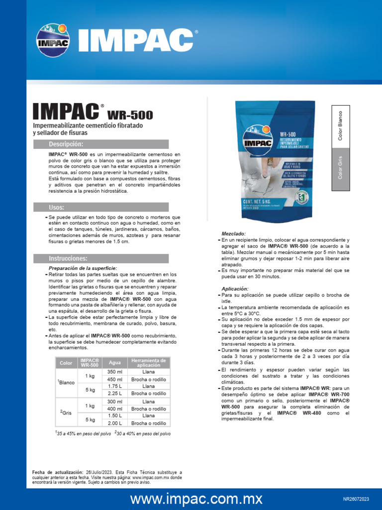 Impac WR 500 | PDF | Hormigón | Agua