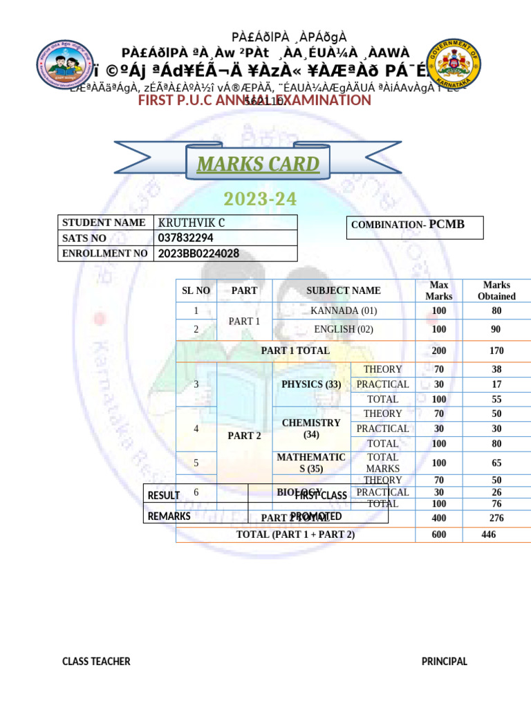 1st Puc Marks Card | PDF | Science