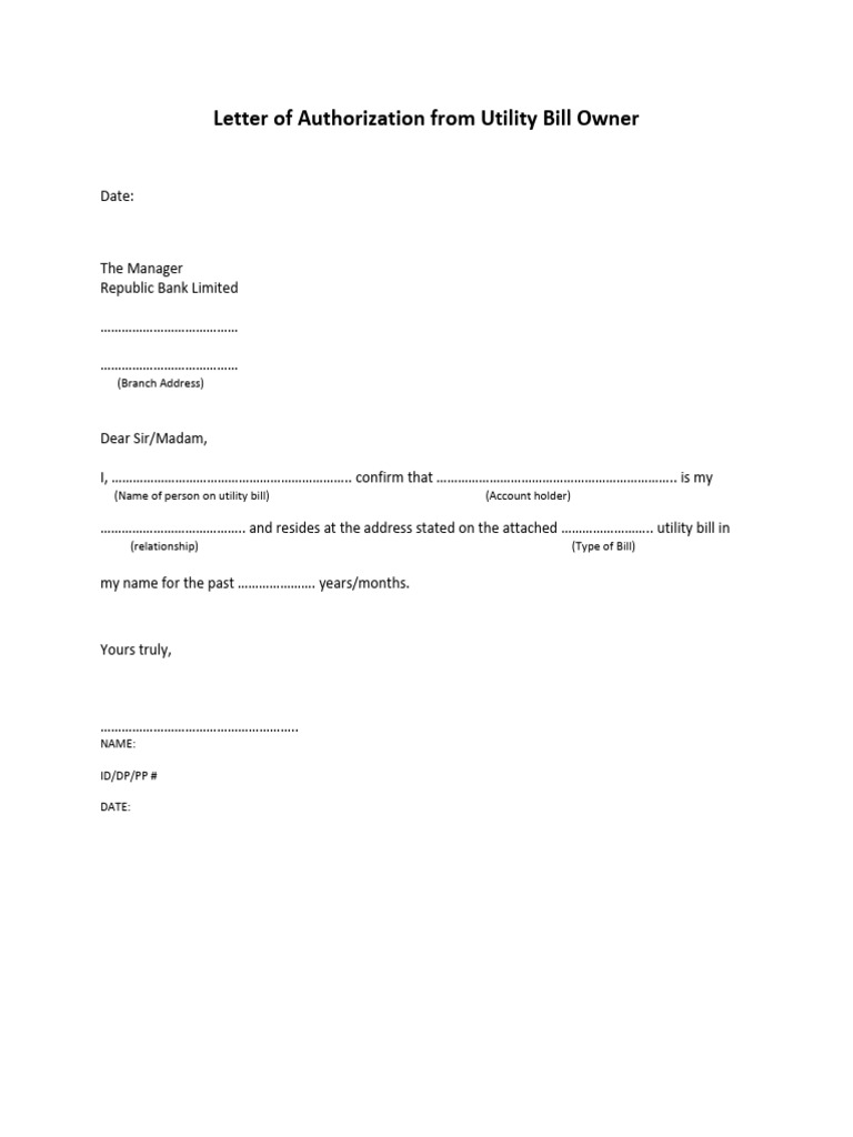 Utility Bill Authorization Letter Template | PDF