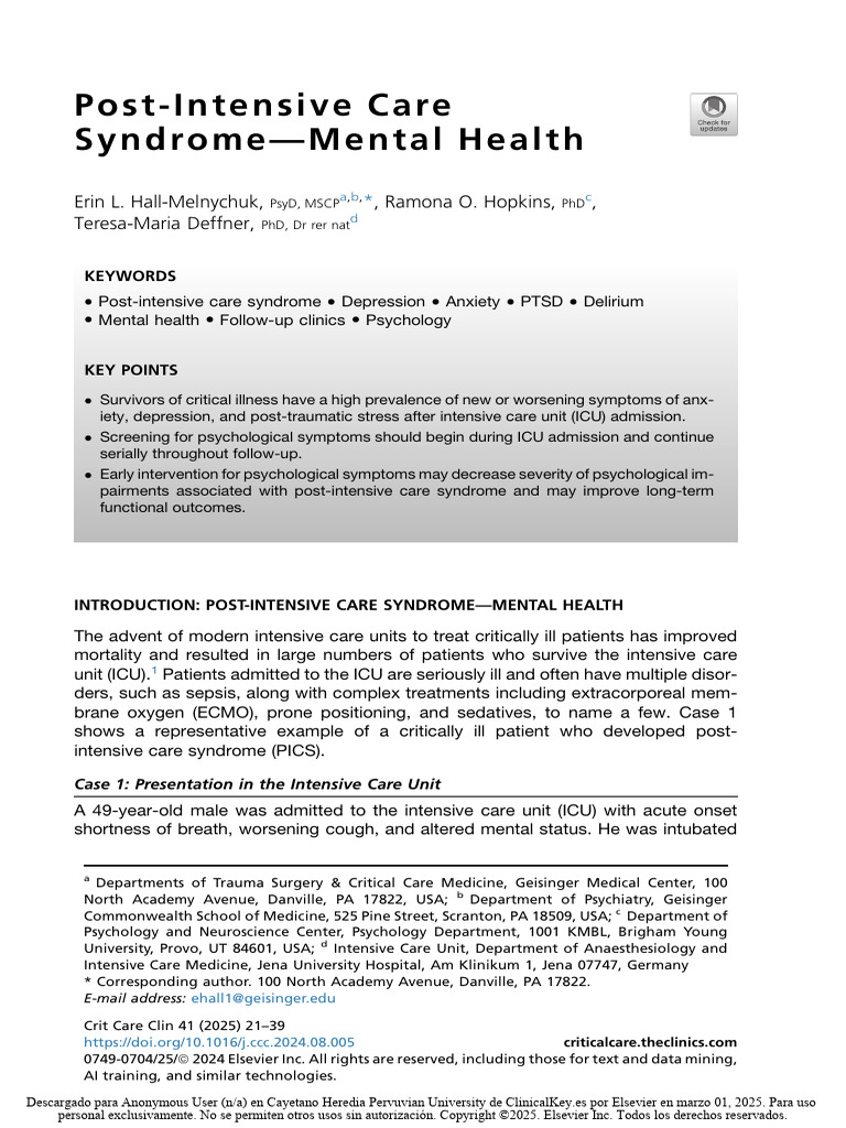 Post-Intensive Care Syndrome-Mental Health | PDF | Intensive Care Medicine | Mental Disorder