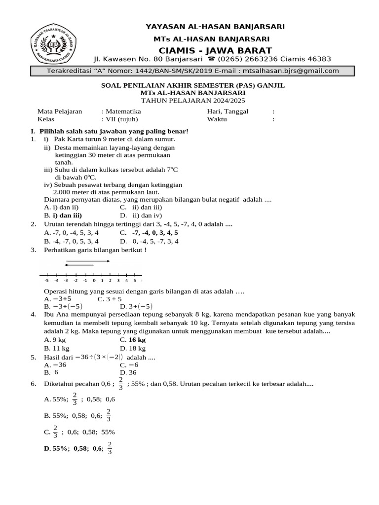 Soal Pas MTS 7 Semester 1 2024-2025 | PDF