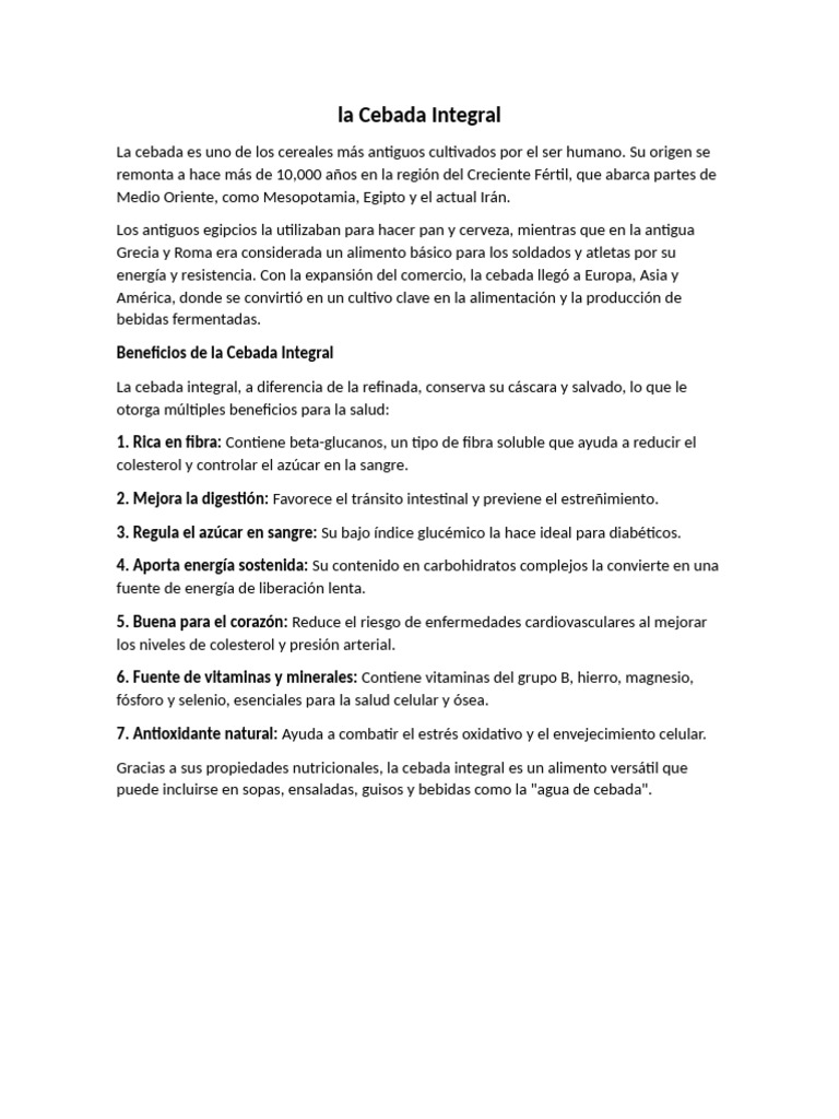 Beneficios de la Cebada Integral | PDF