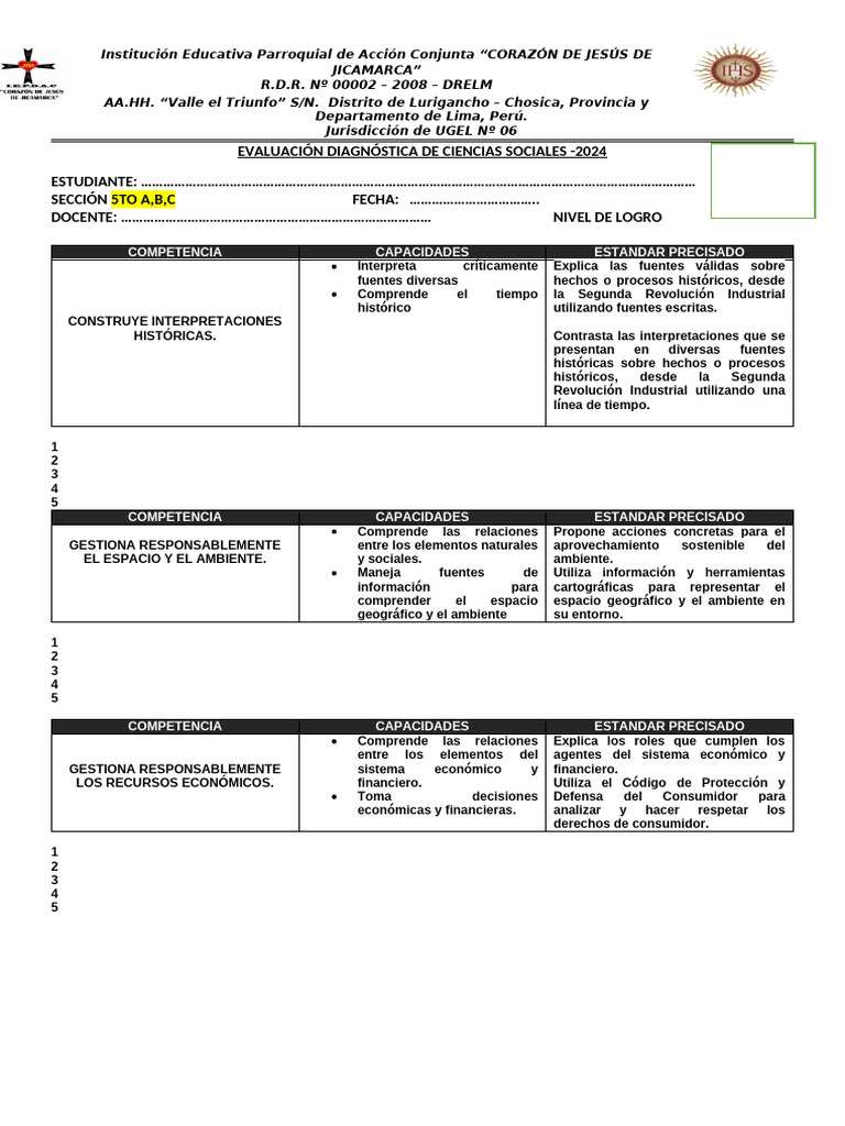 1ro Evaluación Diagnóstica Ccss-2024 | PDF | Economias