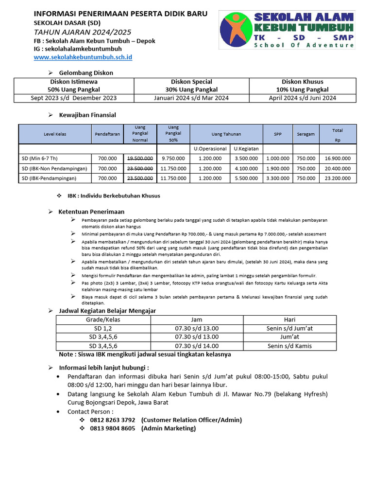 Biaya Pendaftaran TH Ajaran 2024 2025 SD 3 | PDF