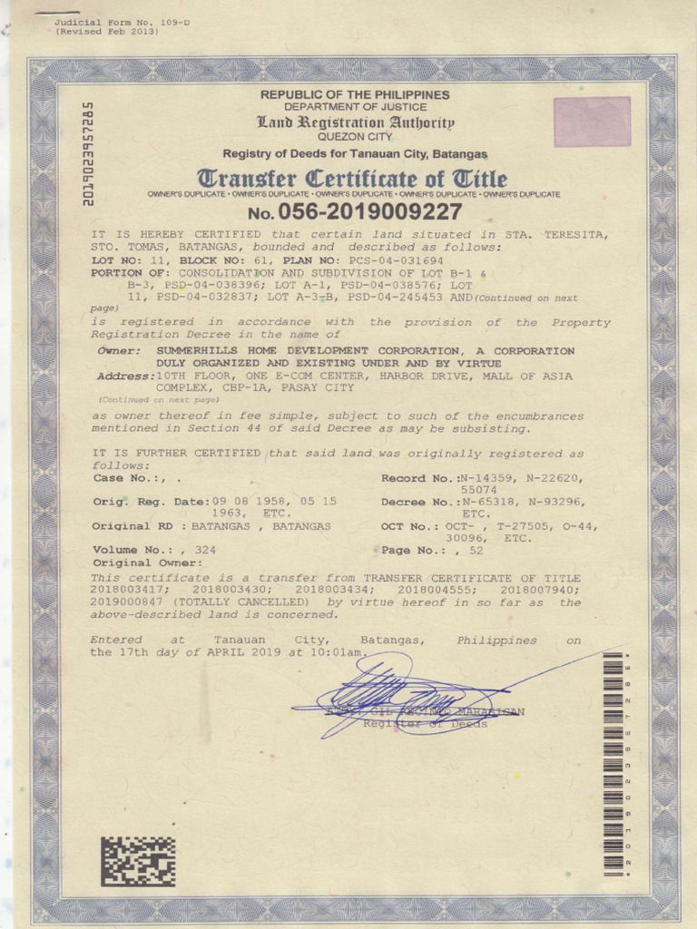 Transfer Certificate of Title | PDF