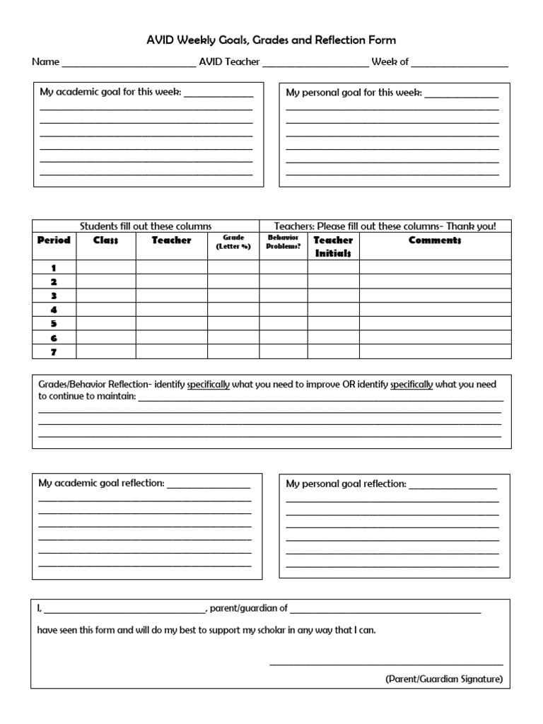 AVID Goals Grades and Reflection Form Parent Signature | PDF