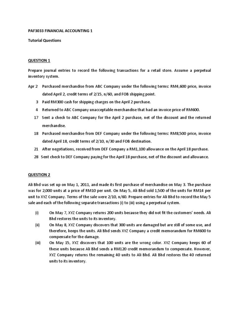 Paf3033 Financial Accounting 1 Tutorial Questions | PDF