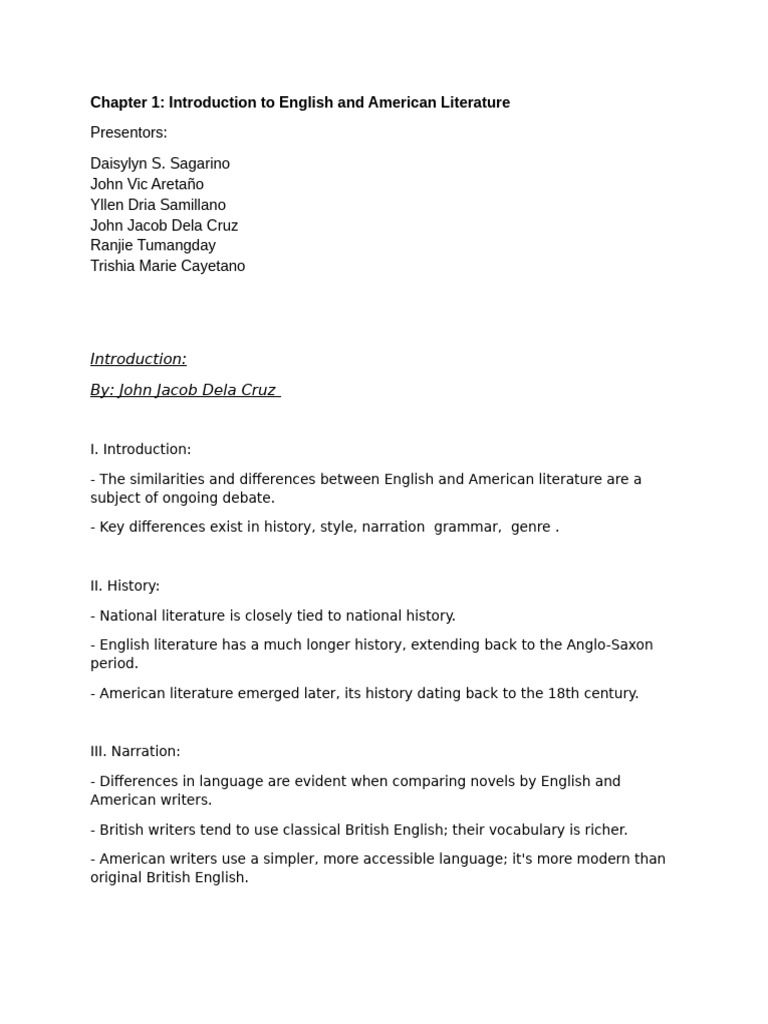 Chapter 1 Introduction to English and American Literature Handouts ...