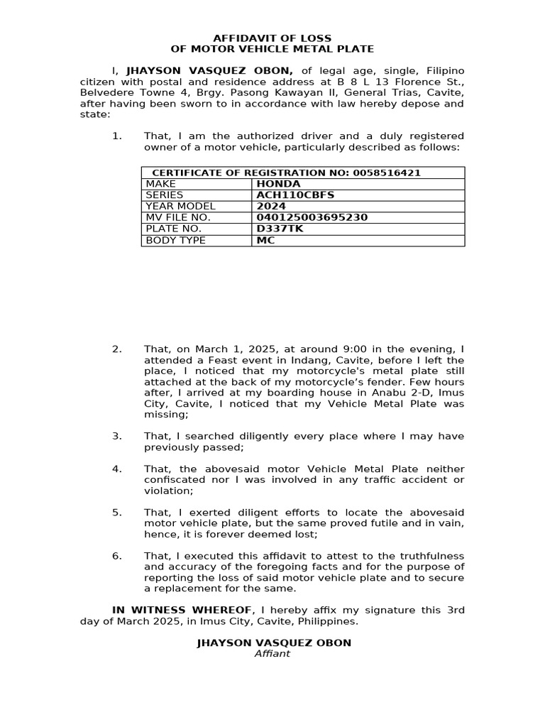 Affidavit for Lost Motorcycle Plate | PDF