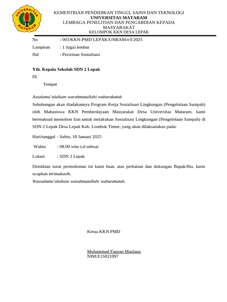 Surat Pengantar Kepala Sekolah | PDF