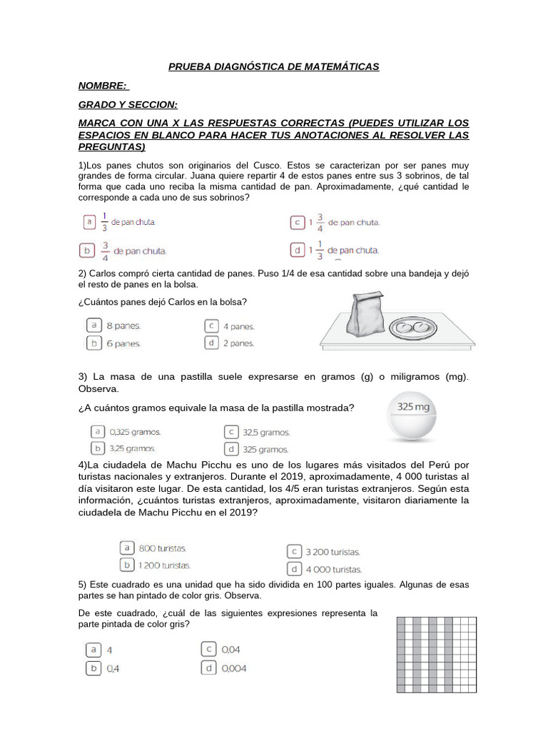 Prueba Diagnóstica de Matemáticas | PDF