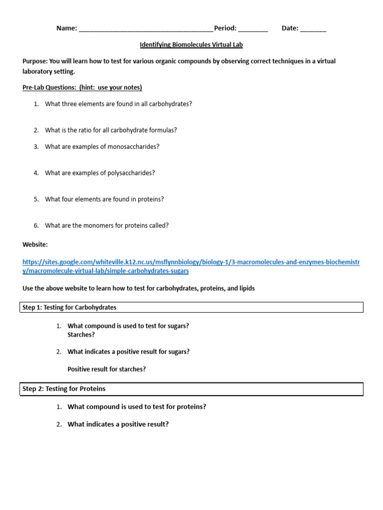 Virtual Lab: Testing Biomolecules | PDF | Carbohydrates | Foods