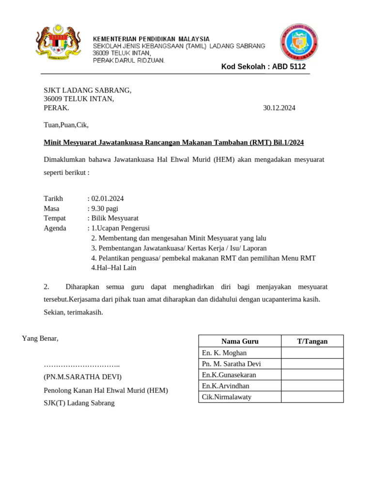 Minit Mesyuarat RMT 2024 | PDF