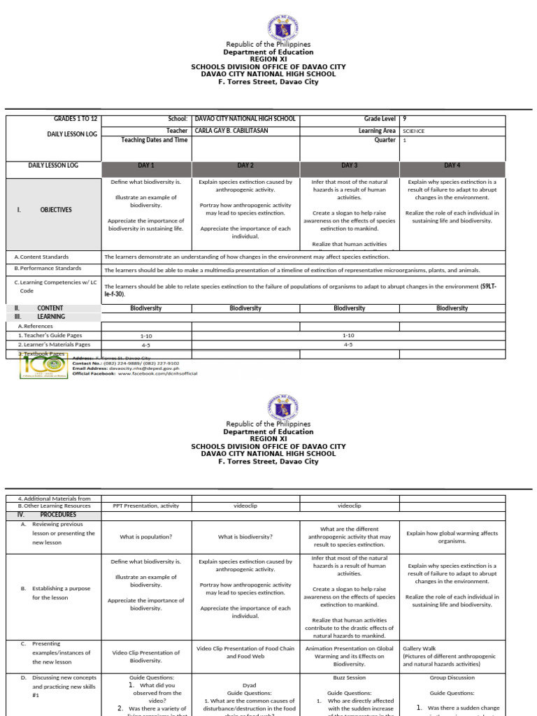 Grade 9 Science Daily Lesson Log | PDF | Biodiversity | Extinction