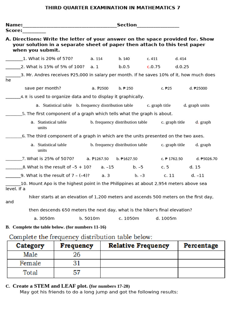Third Quarter Examination in Mathematics 7 | PDF