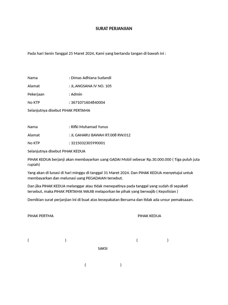 Surat Perjanjian Pembayaran Pegadaian Uang | PDF