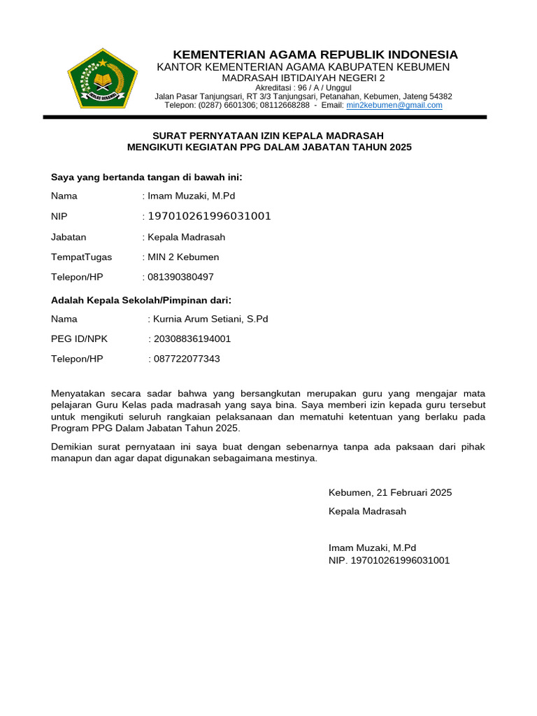 Izin Kepala Madrasah untuk PPG 2025 | PDF