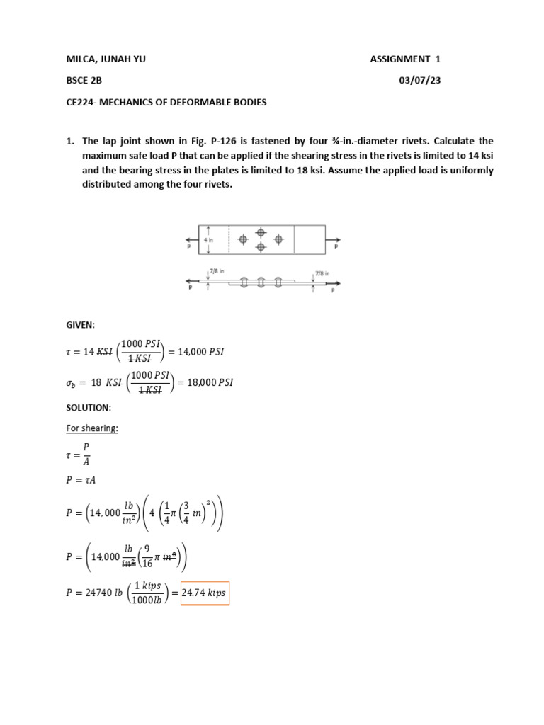 Mechanics Assignment 1 | PDF | Stress (Mechanics) | Rivet