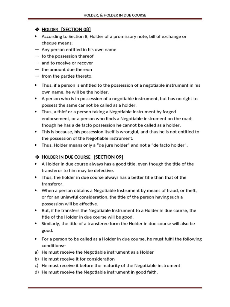 Holder & Holder in Due Course | PDF | Negotiable Instrument | Private Law