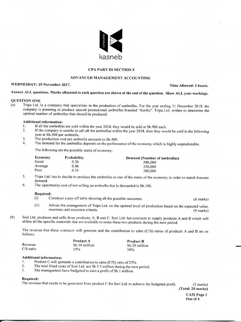 Advanced Management Accounting November 2017 Past Paper | PDF
