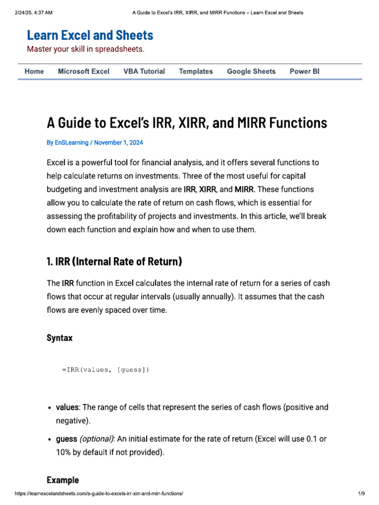 Learn IRR, XIRR and MIRR Function in Excel | PDF