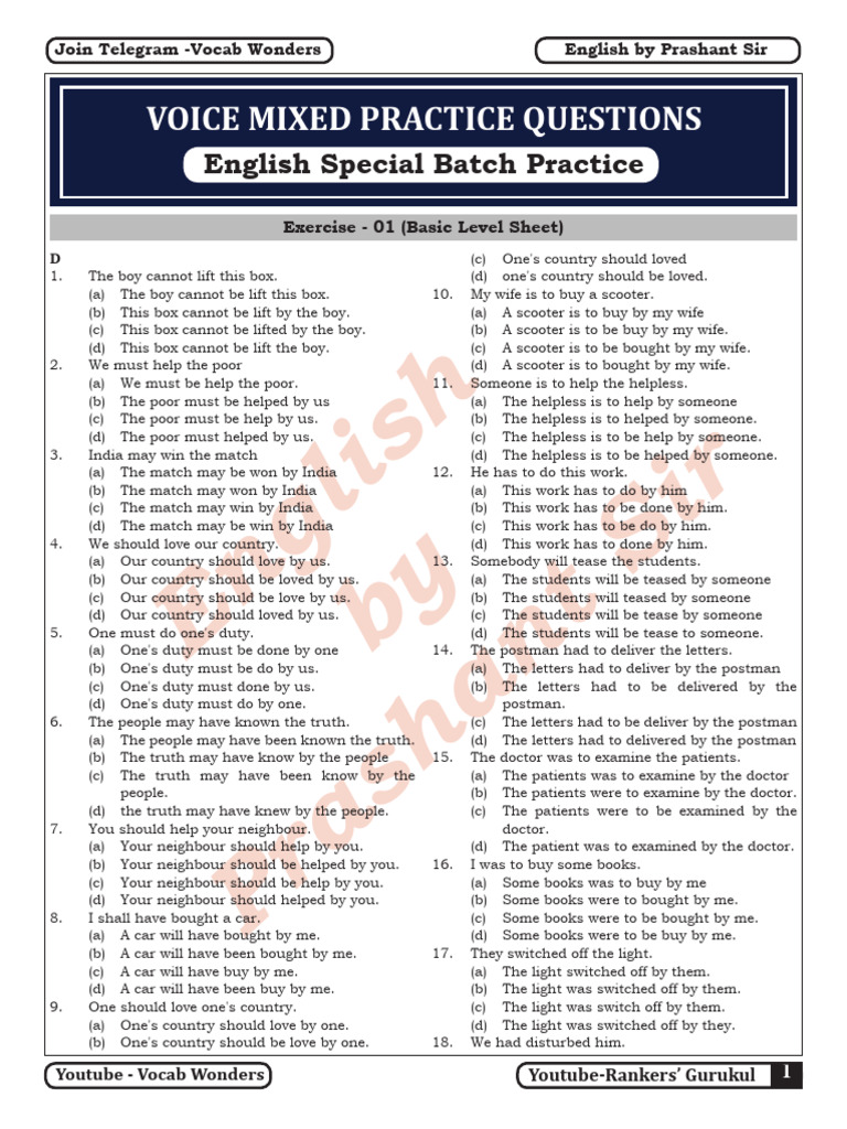 English by Prashant Sir: Voice Mixed Practice Questions | PDF