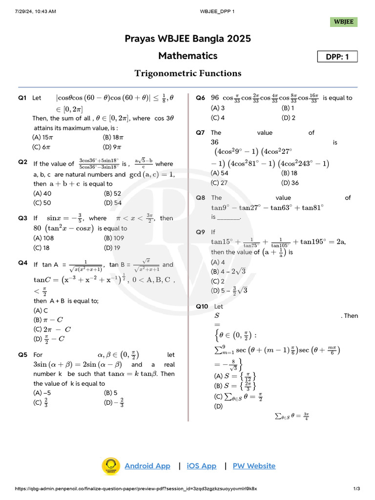 Trigonometric Functions: Prayas WBJEE Bangla 2025 Mathematics | PDF | Euclidean Geometry ...