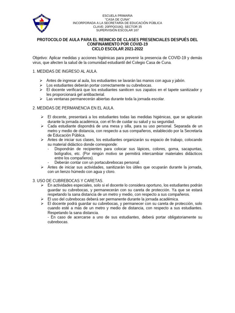 Protocolo de Aula para El Reinicio de Clases Presenciales 2021-2022 | PDF