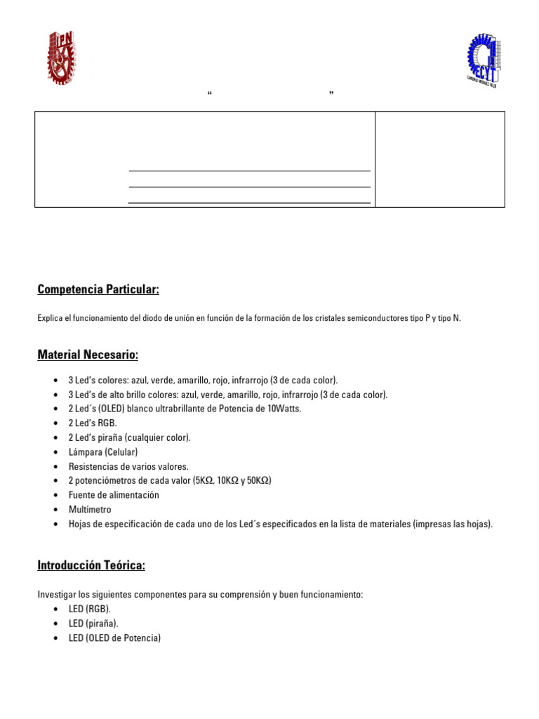 Práctica No. 2 Diodo Led | PDF | Diodo emisor de luz | Ligero