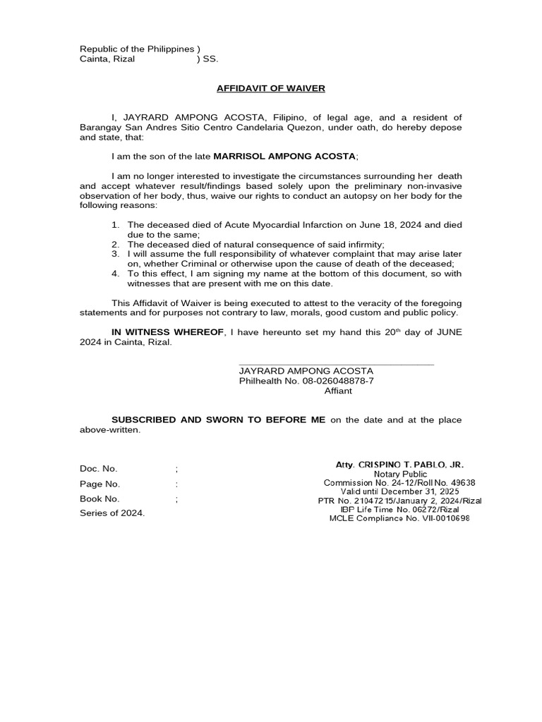 Waiver-Autopsy-Christopher Vincent A. Ongtangco (2024) | PDF