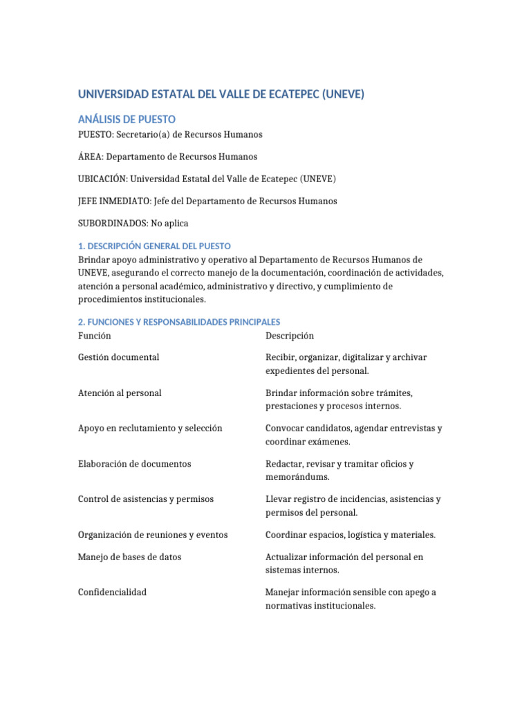 Análisis de Puesto: Secretario Recursos Humanos UNEVE | PDF | Gestión ...