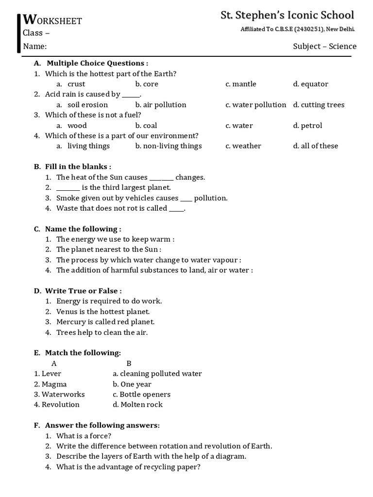 Class 4 Science Worksheet | PDF