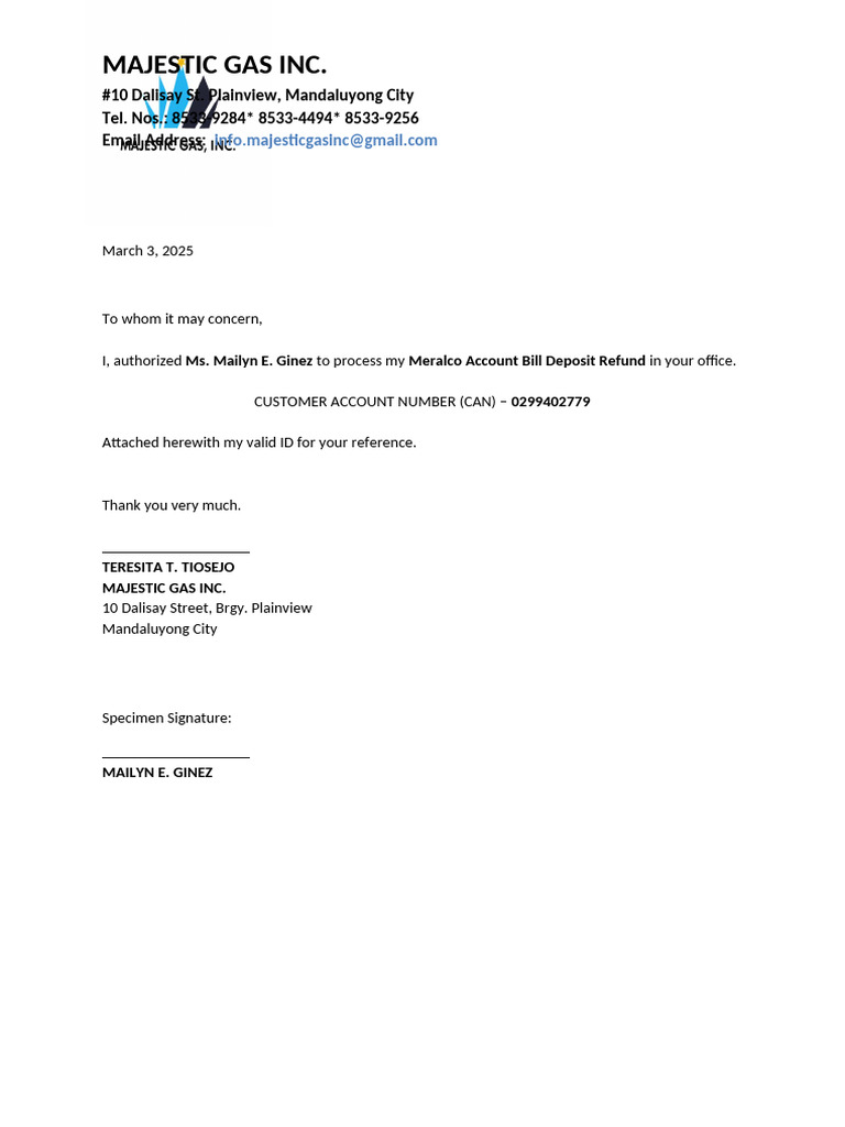 Meralco Refund Authorization Letter | PDF