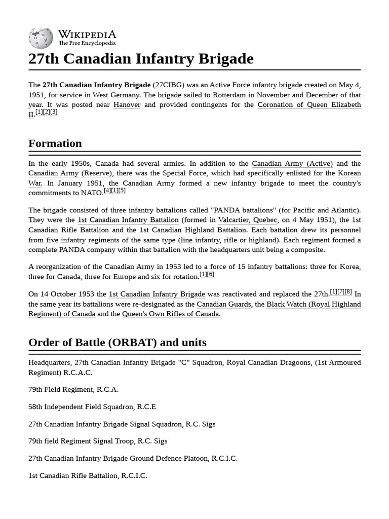 27th Canadian Infantry Brigade Overview | PDF | Military Organization ...