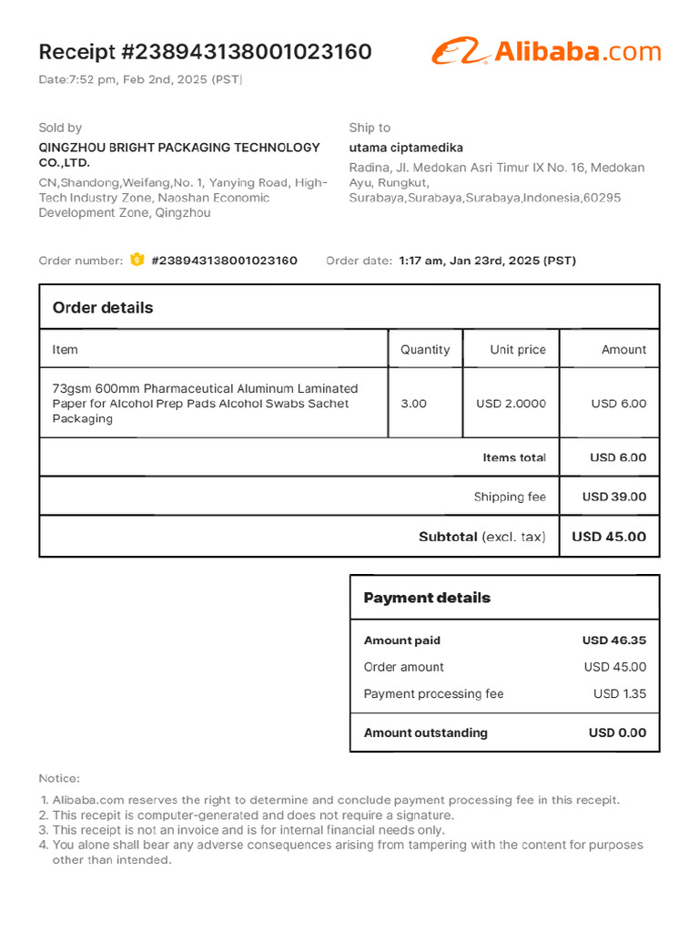 Receipt-238943138001023160 ALIBABA SAMPLE | PDF