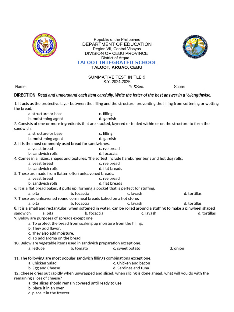 TLE 9 Summative Test: Sandwich Making | PDF | Sandwich | Sausage