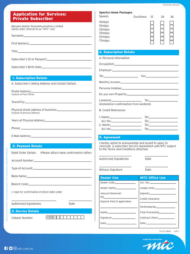 MTC Subscriber Service Application Form | PDF | Service Industries