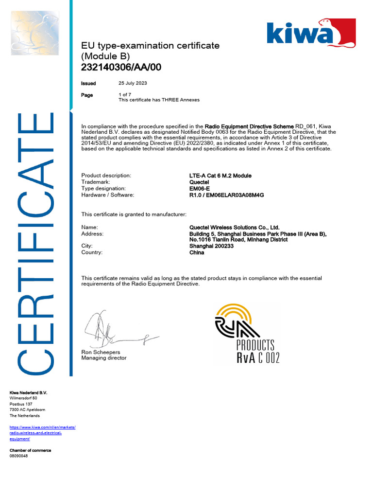Quectel EM06-E CE (RED) Certificate | PDF | Radio | Telecommunications