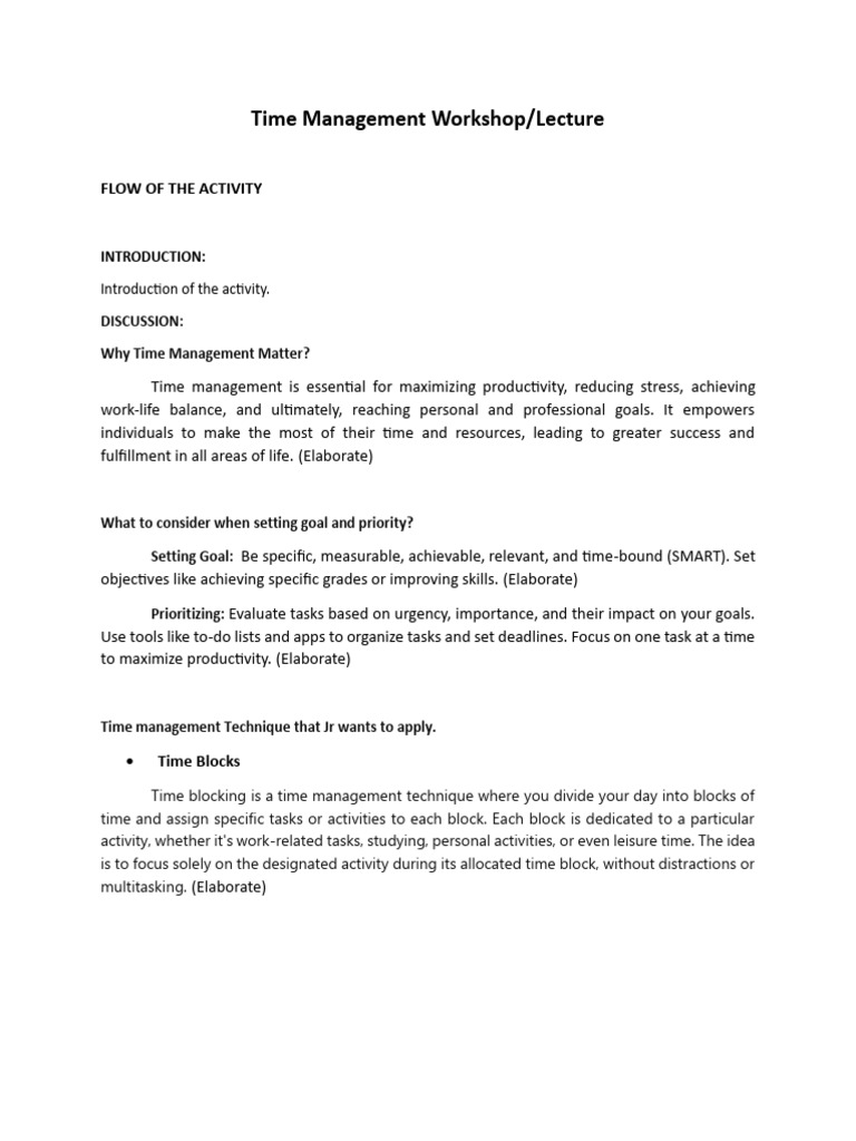 Time Management Workshop Overview | PDF | Time Management ...
