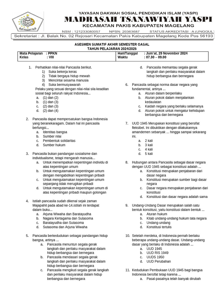 penilaian akhir semester gasal PPKN kelas 8 | PDF