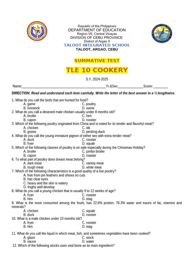 TLE 10 COOKERY 3rd SUMMATIVE | PDF | Soup | Stock (Food)