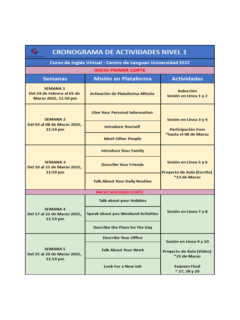 Cronograma de Actividades para Estudiantes Q1 - 2025 - NIVEL 1 (A1.1) | PDF