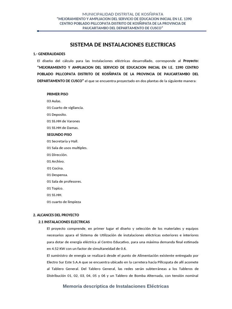 MEMORIA DESCRIPTIVA INSTALACIONES ELECTRICAS | PDF | Cableado eléctrico | Enchufes y tomas de ...