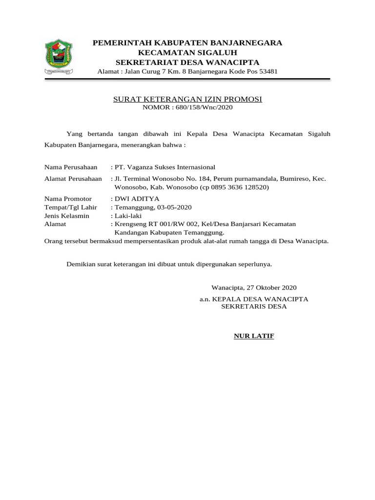 Surat Keterangan Ijin Promosi | PDF