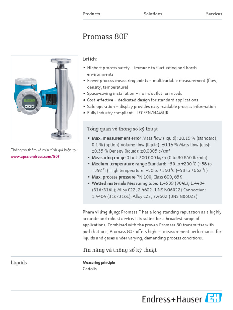 Endress-Hauser_Promass_80F_VI | PDF | Density | Flow Measurement
