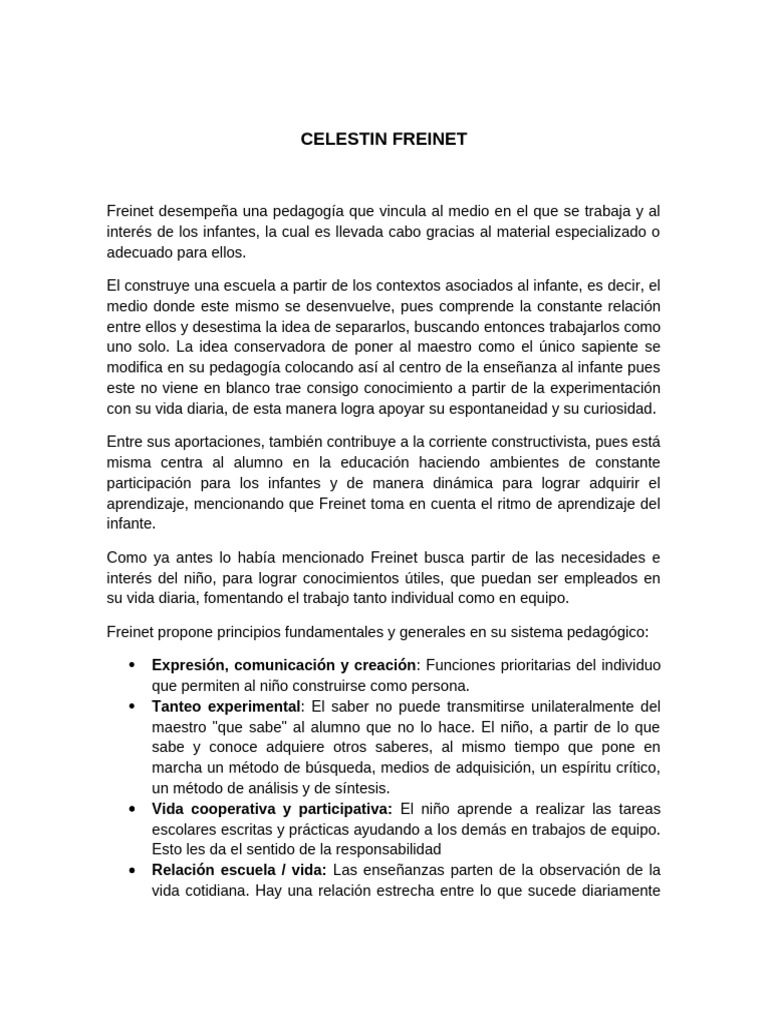 Celestin Freinet | PDF | Aprendizaje | Pedagogía