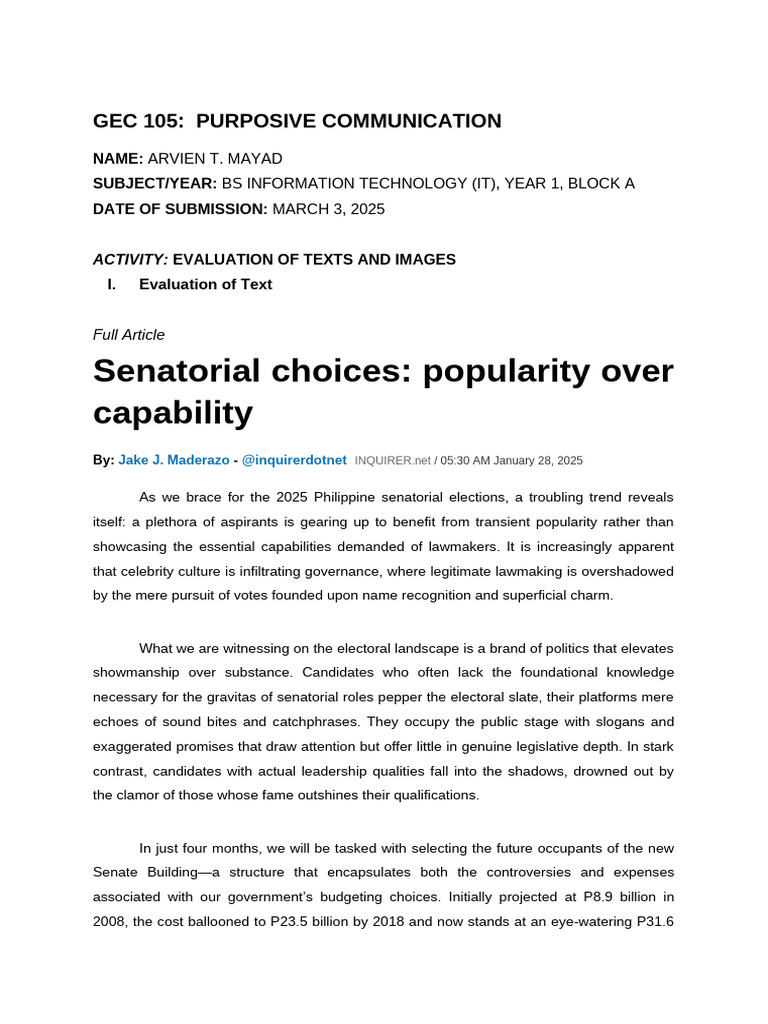 Purcomm - Evaluating Text Images Activity | PDF | Governance | Elections